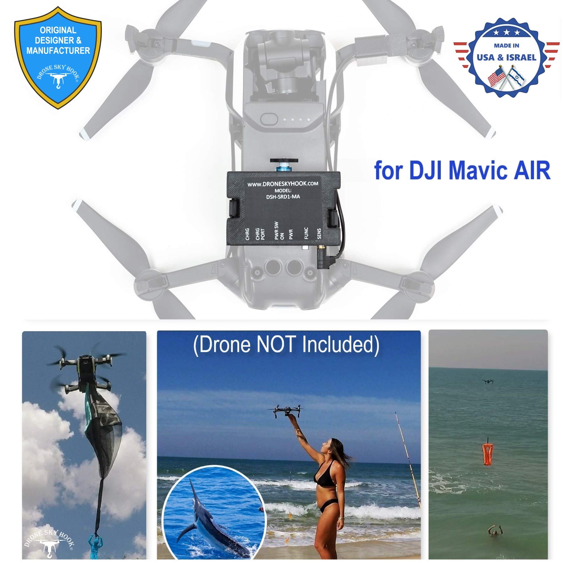 Release and Drop Professional Device for DJI Mavic AIR 1 β Drone Fishing, Bait Release, Load Delivery, Search and Rescue and Fun β U.S. Patent - by DRONE SKY HOOK