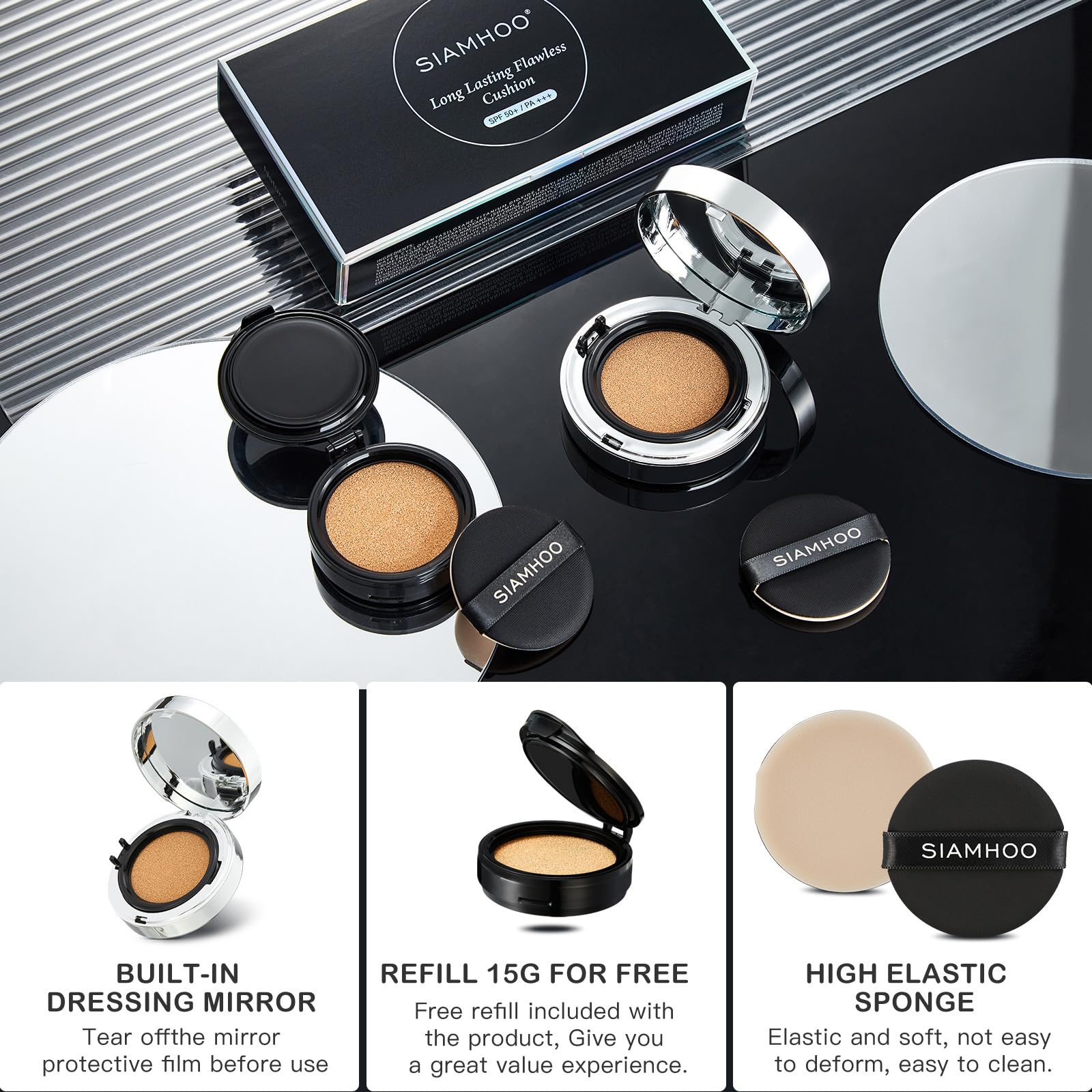 SIAMHOO Air Cushion CC Cream Foundation Makeup Primer Sunscreen SPF50+ Full Coverage Lightweight Long-lasting Oil Control for All Skin Types, Refill Included, 0.53 Oz x 2 (Natural)