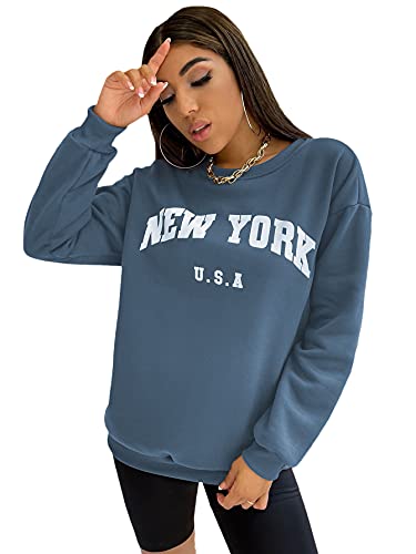 SheIn Women's Casual Long Sleeve Round Neck Slogan Graphic Letter Print Pullover Sweatshirt Dusty Blue S