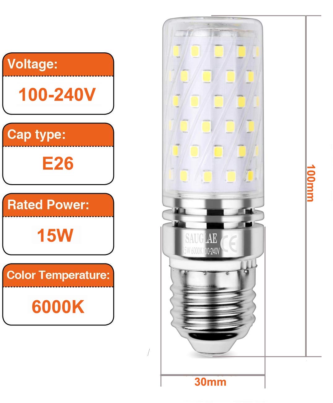 Sagel E26 LED Corn Bulbs 15W, 120W Incandescent Bulbs Equivalent, 6000K Cool White Candelabra Bulbs, Non-Dimmable, 1500Lm, Edison Screw Corn Light Bulbs, 4-Pack