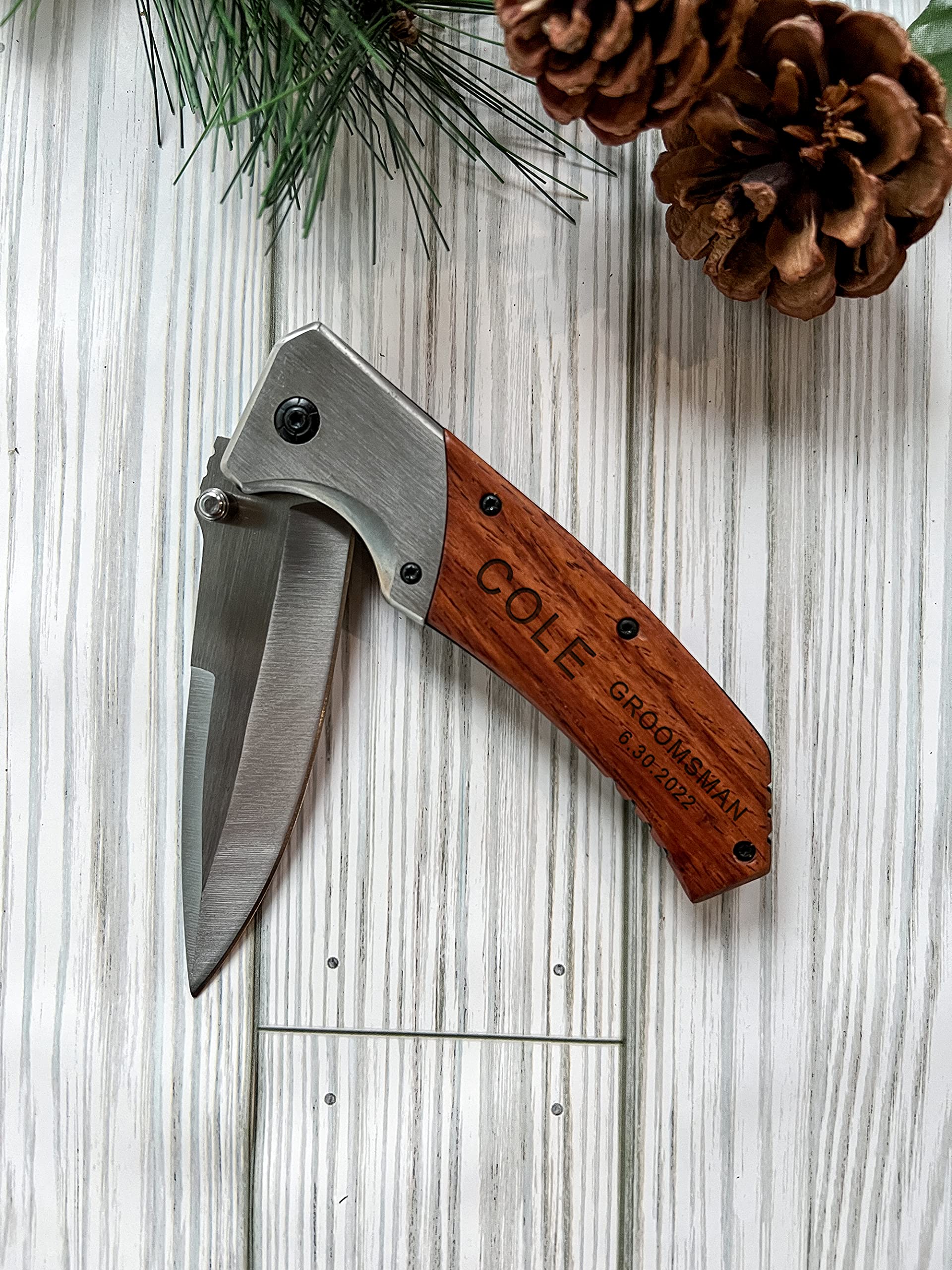 Personalized POCKET KNIFE Engraved Wood Folding Knive Stainless Steel l Standard Edge 5" Blade Wood Handle With Ultra-Secure & Comfortable Belt Clip Custom Gifts for Him Men Dad Boyfriend Father Husband Anniversary Groomsmen (Knife Engraved)