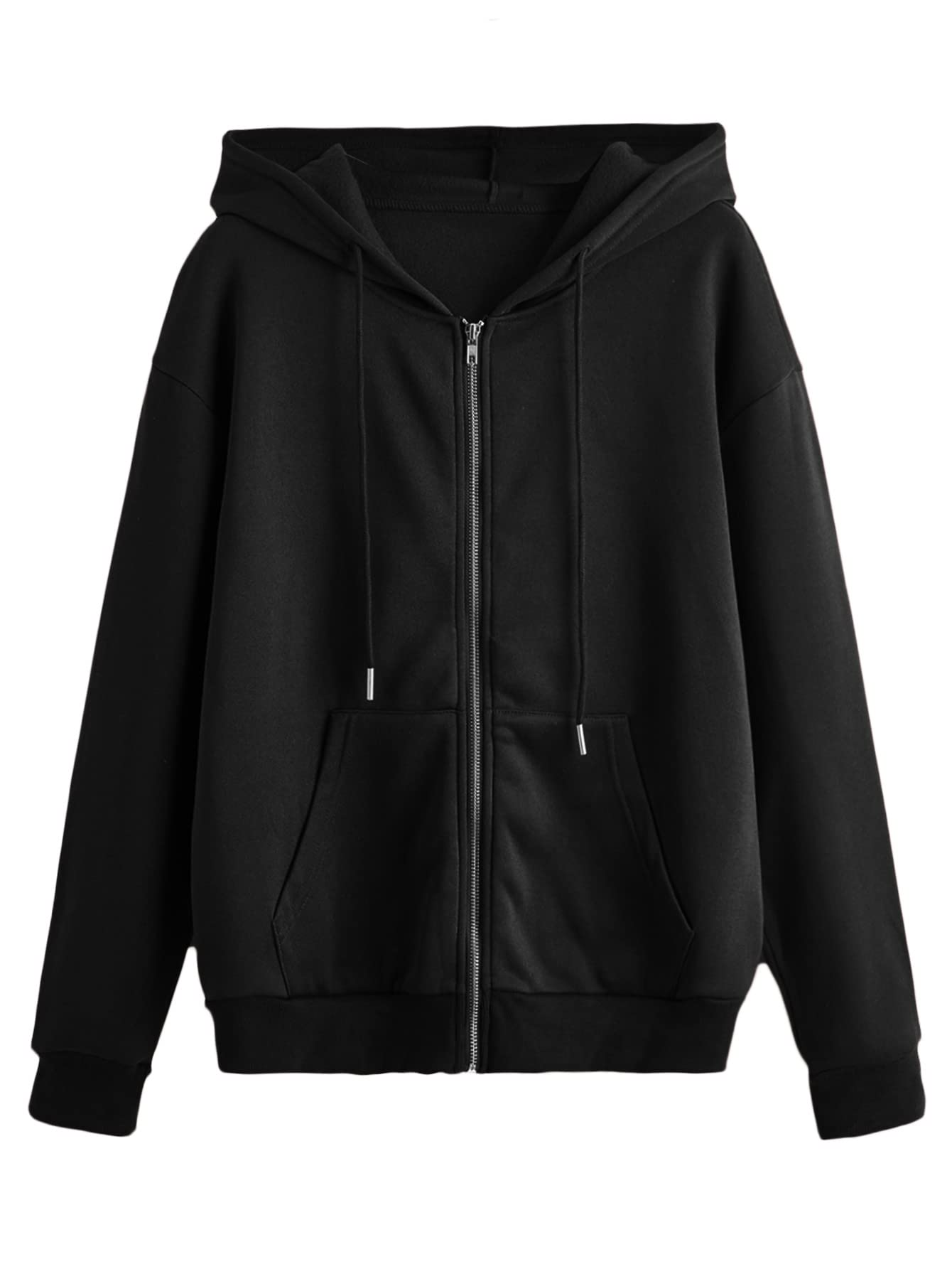 SheIn Women's Long Sleeve Drop Shoulder Zip Up Drawstring Hoodies Sweatshirt Black XS