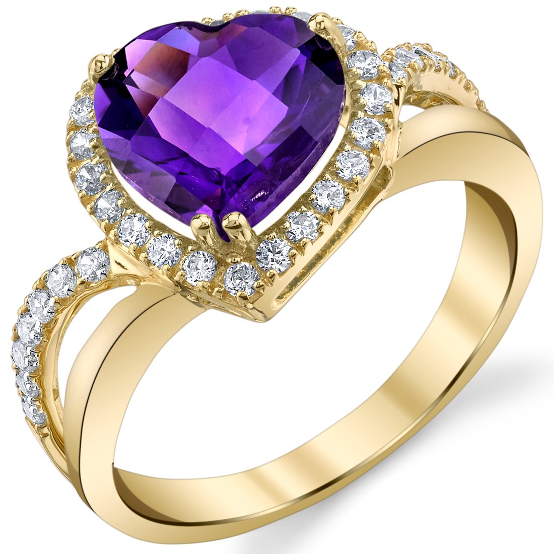 PEORA Amethyst Leaning Heart Ring for Women 14K Yellow Gold, Natural Gemstone, 2.25 Carats Heart Shape 9mm, Size 5