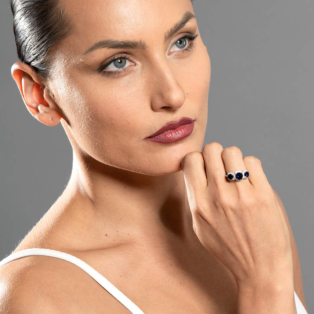 PEORA Created Blue Sapphire Three-Stone Halo Ring for Women 925 Sterling Silver, 2.75 Carats total Round Shape, Size 7