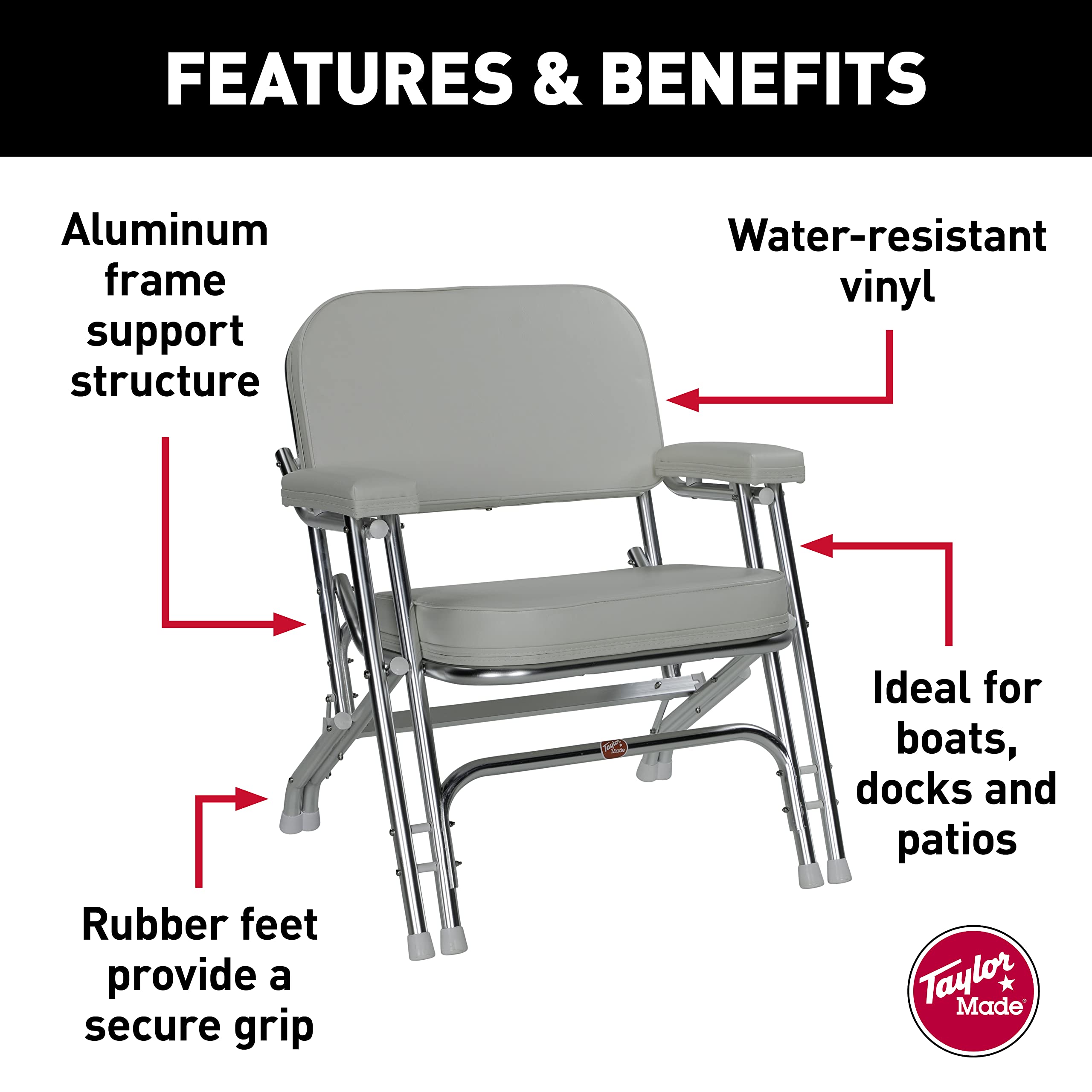 TAYLOR MADE PRODUCTS Taylor Made Folding Boat Deck Chair-Water-Resistant Vinyl Cushion Seat, Lightweight Aluminum Frame, White, Grey