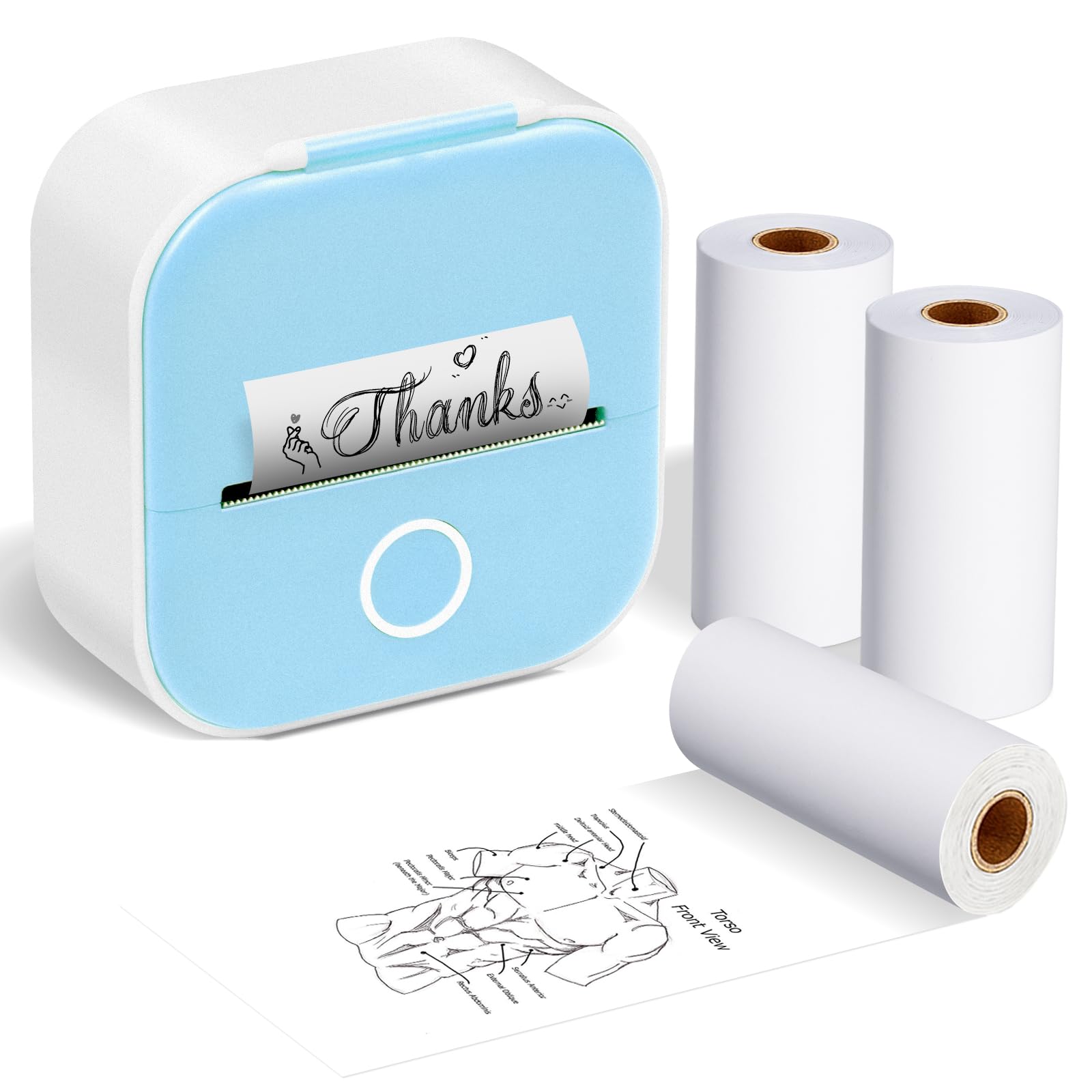 Ponek T02 Mini Sticker Printer - Wireless Sticker Maker Machine, Receipt Printers Pocket Mini Printer for iPhone, Mini Thermal Printer with 3 Rolls Thermal Paper for Journal, Memo, Photo
