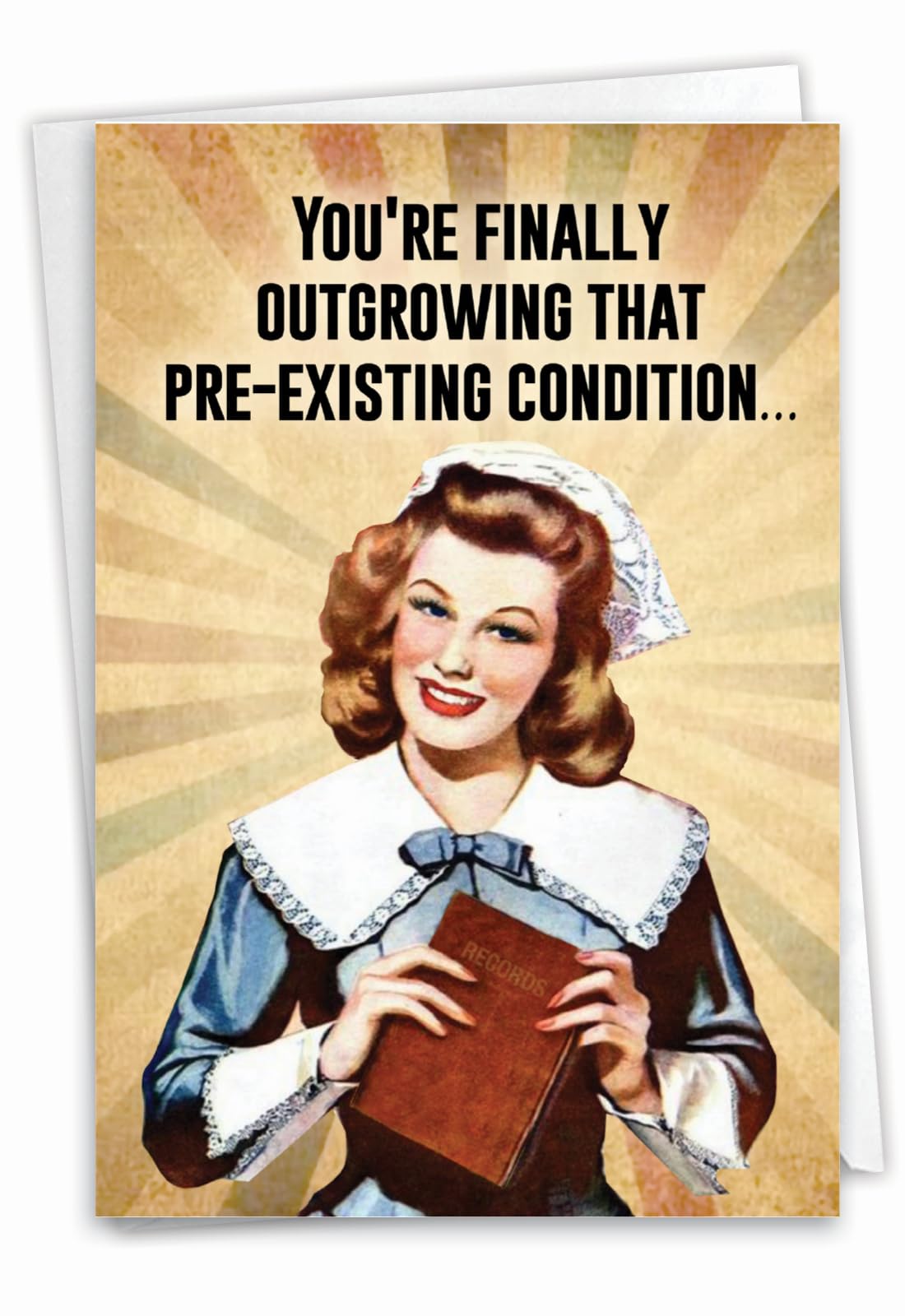 NobleWorks - 1 Funny Happy Birthday Greeting Card - Retro Woman Humor, Notecard Talk Bubbles - Pre-Existing Condition C9364BDG