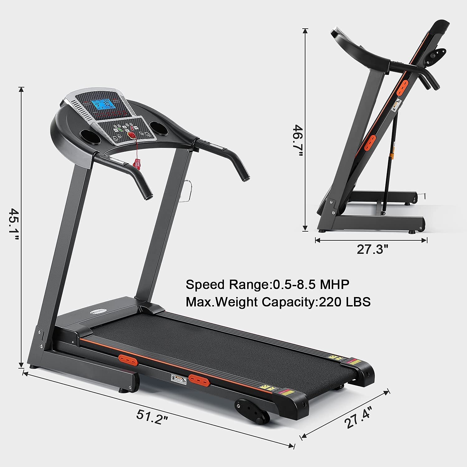 Treadmill Electric Folding Treadmill Manual Incline Running Machine 0.5HP 8.5MHP Speed 3-Level Incline Adjustment with Pre-Set Training Programs Large LCD Display Cup Holder for Home Use