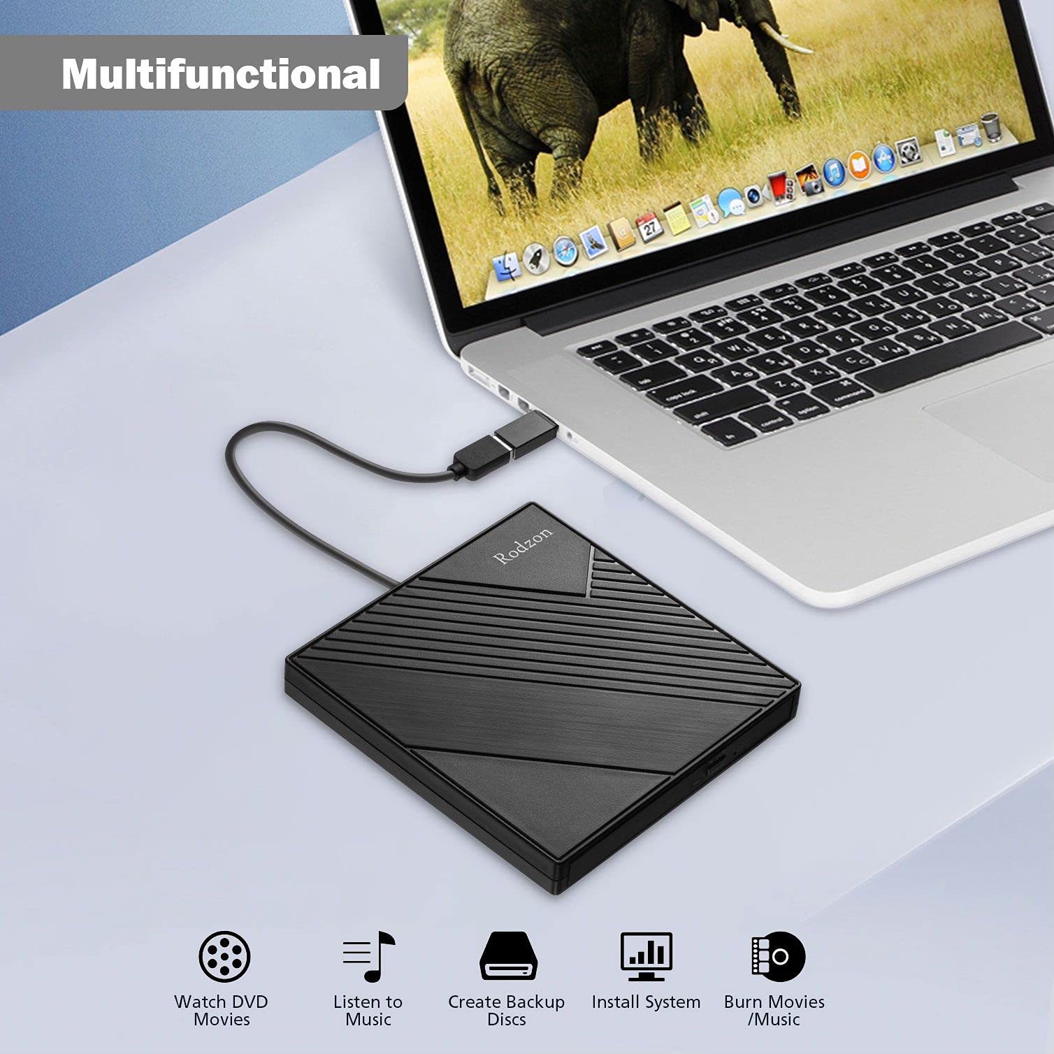 Rodzon External CD Drive Type C USB 3.0 Portable CD DVD +/-RW Drive Slim DVD/CD ROM Rewriter Burner Writer Compatible with Laptop Desktop PC Windows Linux OS Apple Mac, Type C