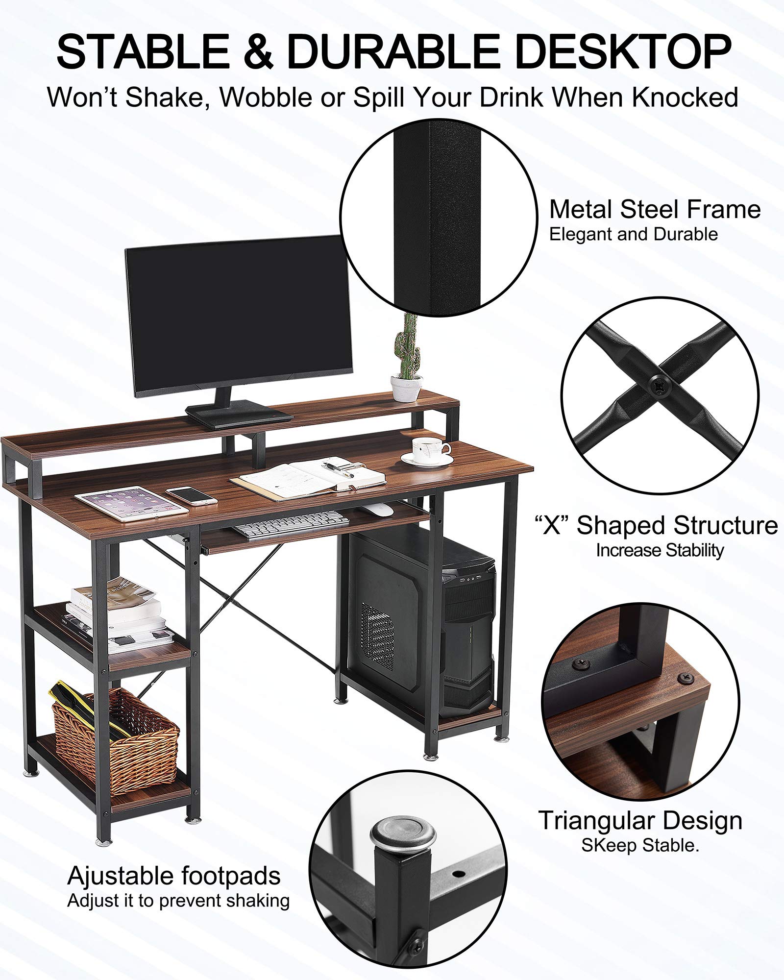 QooWare Computer Desk with Shelves, 47" Writing Desk w/Keyboard Tray & Monitor Stand Riser - Achieve More, Strain Less - Large Desk Space Wooden Study Table for Home Office