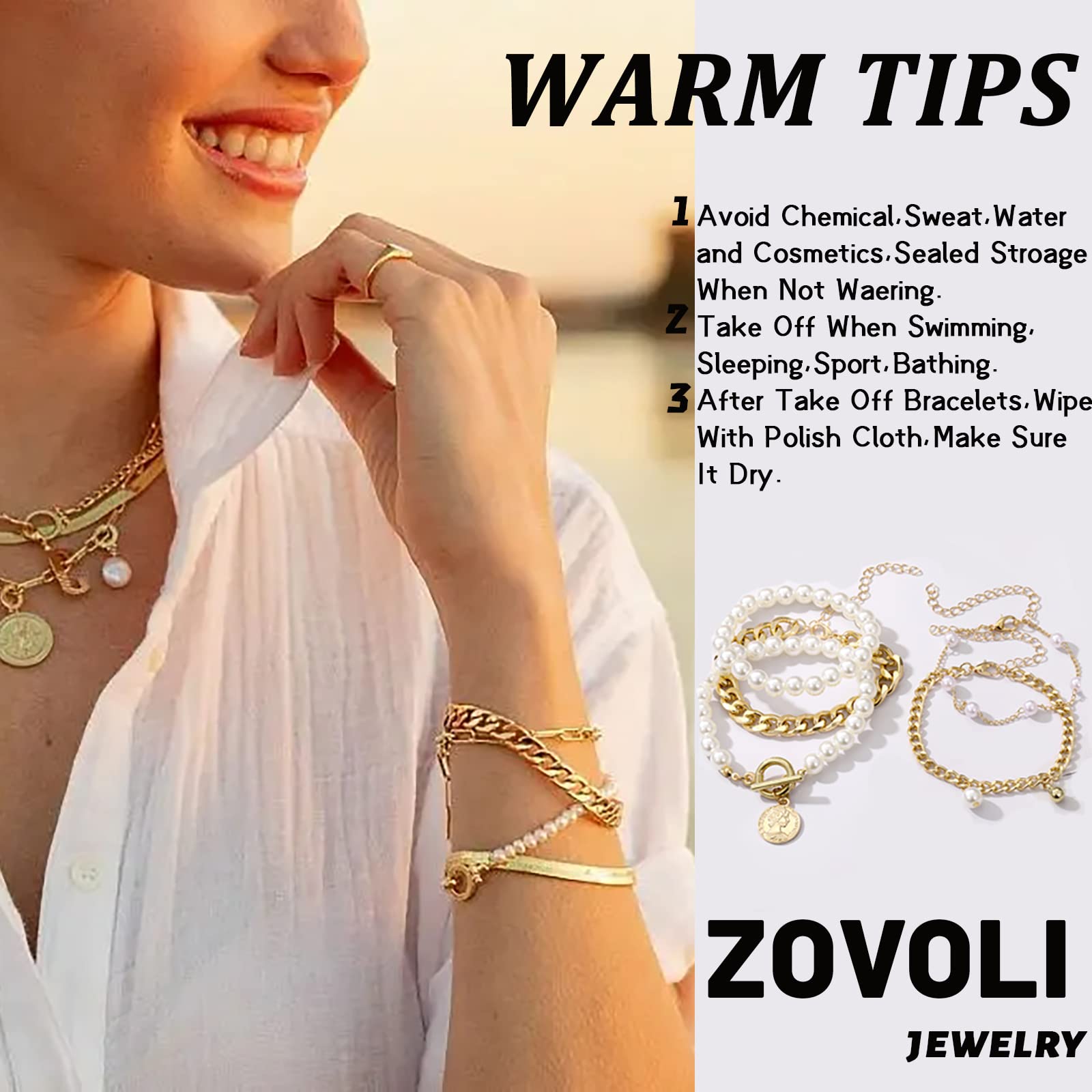 ZOVOLI 16-24PCS Dainty Gold Plated Chain Bracelets for Women Chunky Layered Stackable Snakebone Chain Boho Punk Adjustable Cuban Link Trendy Pearl Heart Bear Charm Paperclip Chain (16pcs)