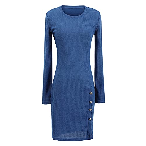 Women's Sweater Dress Side Split Button Mini Wrap Dress Solid Color Long Sleeve Ribbed Crew Neck Slim Dress