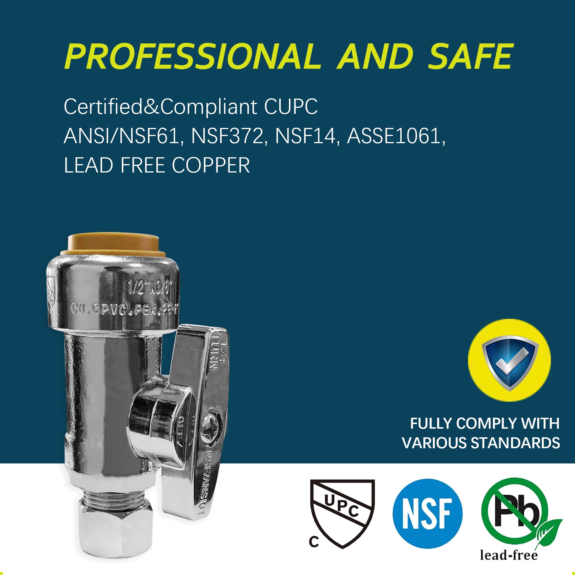 Straight Shut Off, 6-Pack Push Fit Water Stop Valve 1/2" Ptc x 3/8" Compression with Disconnect Clip, Push-to-Connect, PEX, Copper, CPVC, PE-RT, 1/4 Turn ON/Off, Safe Brass Material (6 pcs)