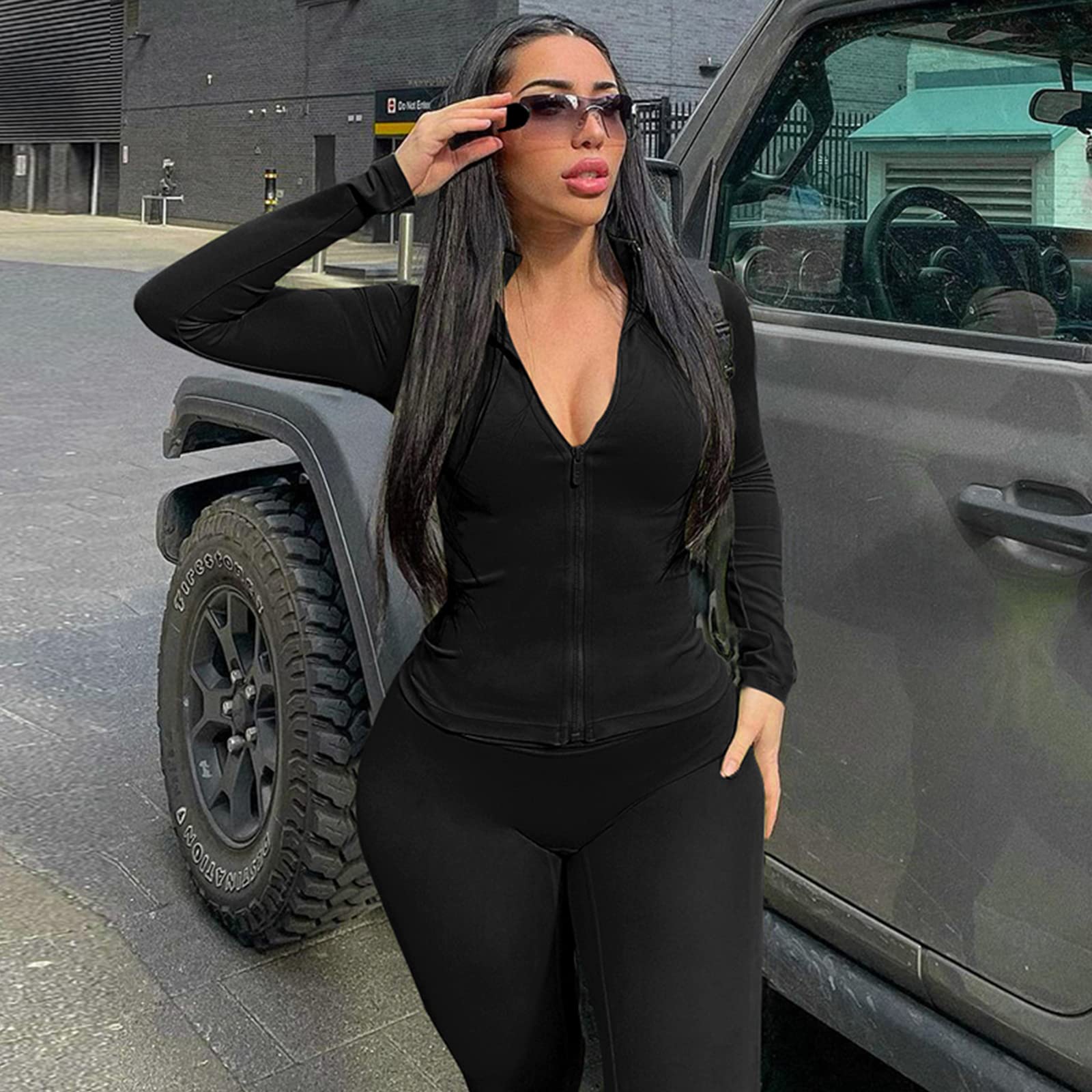Women's Two Piece Tracksuit Set Long Sleeve Zipper Jacket with Sweatpants Sweatsuit Jogger Workout Set Black M