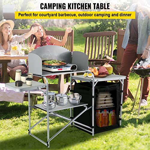 VEVOR Camping Kitchen Table, Aluminum Portable Folding Cook Station with Windscreen Cupboard, Storage Organizer Carrying Bag, Quick Installation, Outdoor Picnic Beach BBQ RV Traveling, Black
