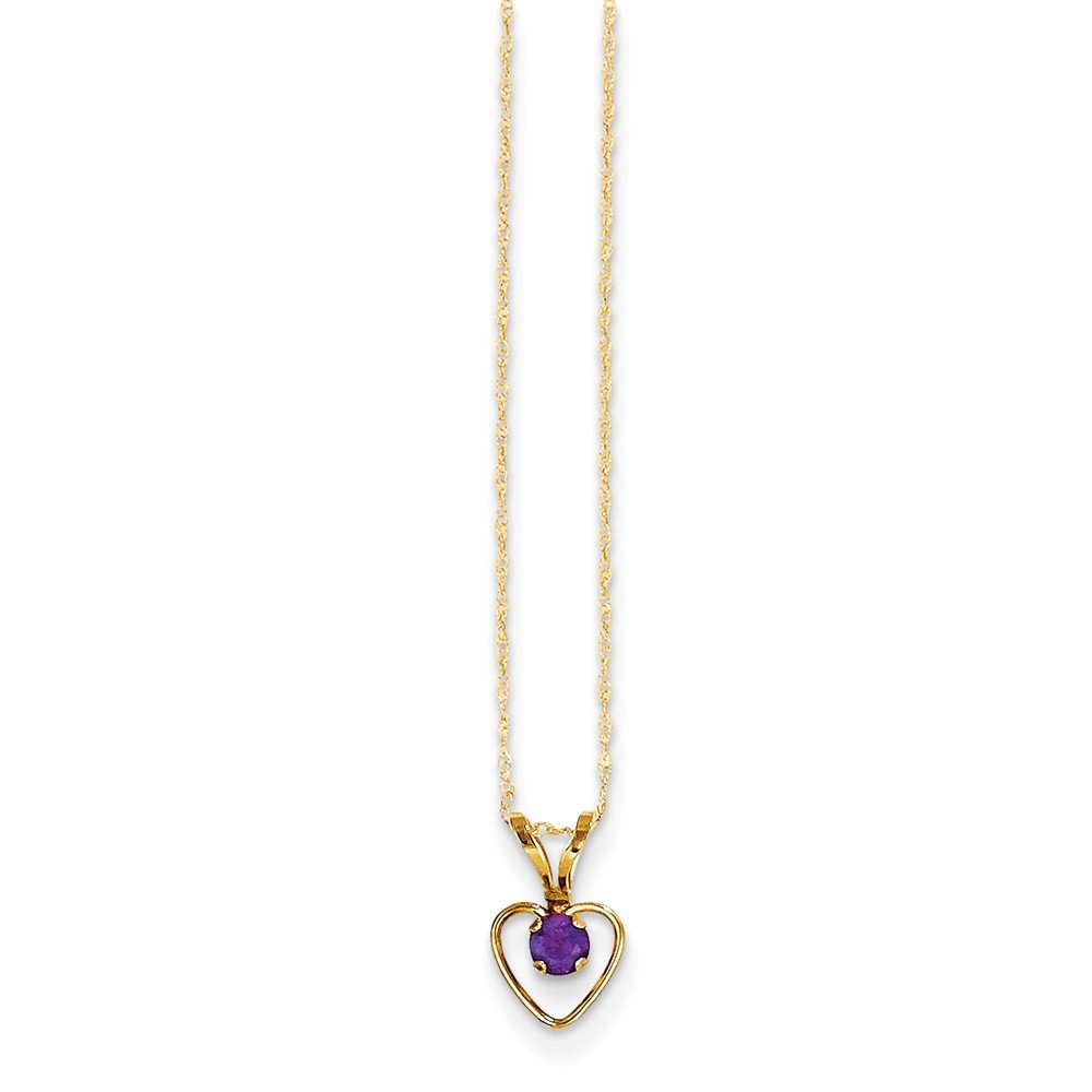 Real 14kt Yellow Gold Madi K 3mm Amethyst Heart Birthstone Necklace; 15 inch
