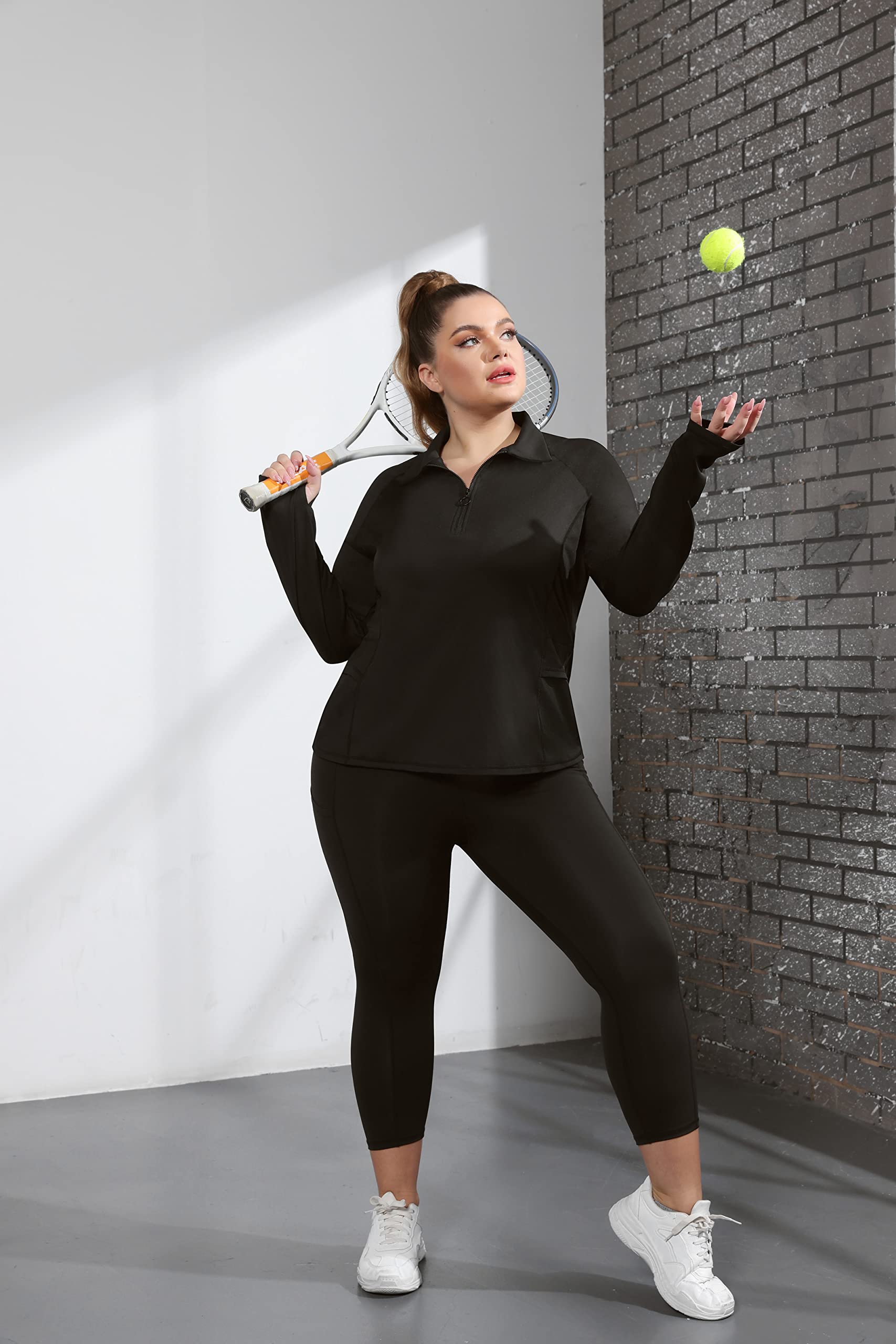 Women's UPF 50+ Long Sleeve Running Hiking Outdoor Tops with Side Pocket and Thumb Hole Black 4X