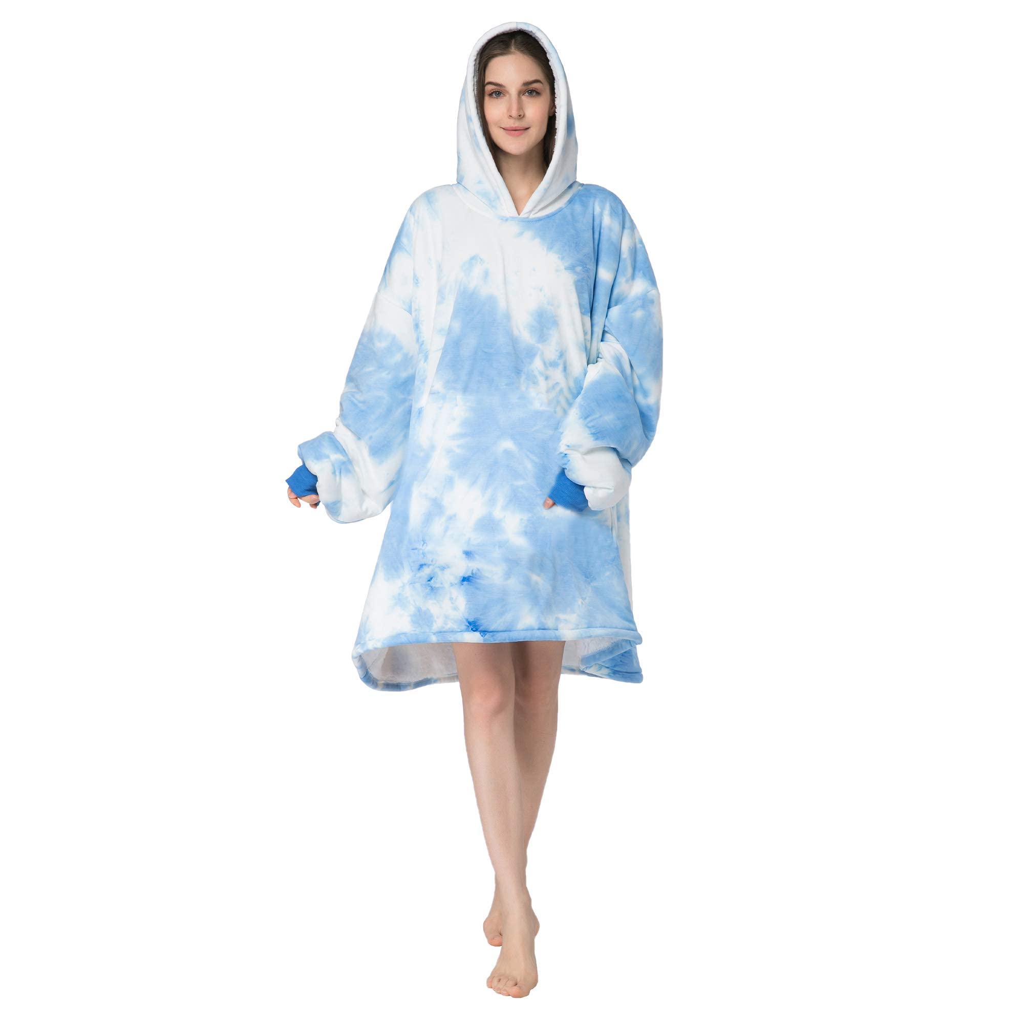 RONGTAI Oversized Wearable Blankets,Soft Plush Printed Sherpa Blanket Sweatshirt with Pockets,One Size Fits All,Tie Dye Light Blue