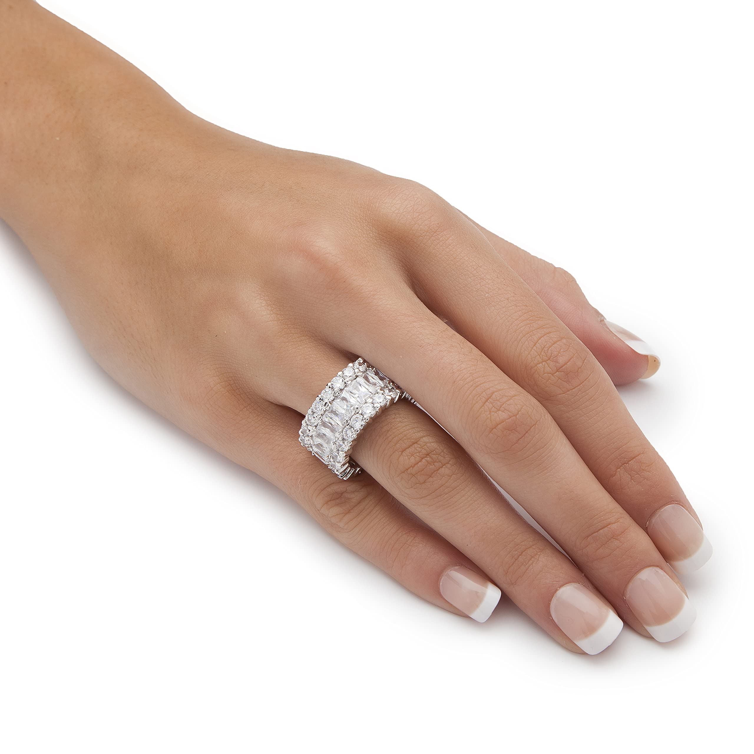 PalmBeach Yellow Gold-Plated or Platinum-Plated Sterling Silver Baguette Cut and Round Cubic Zirconia Triple Row Eternity Ring Size 9