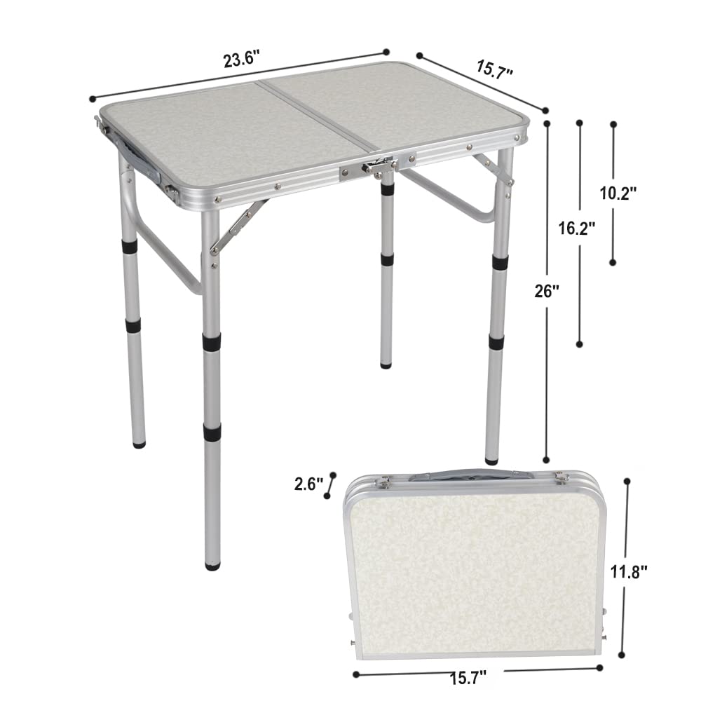Small Folding Aluminum Table Portable 2 Feet, Foldable Outdoor Lightweight Camping Table Adjustable Height for Camp Picnic Cooking Beach (2ft (3 Heights))