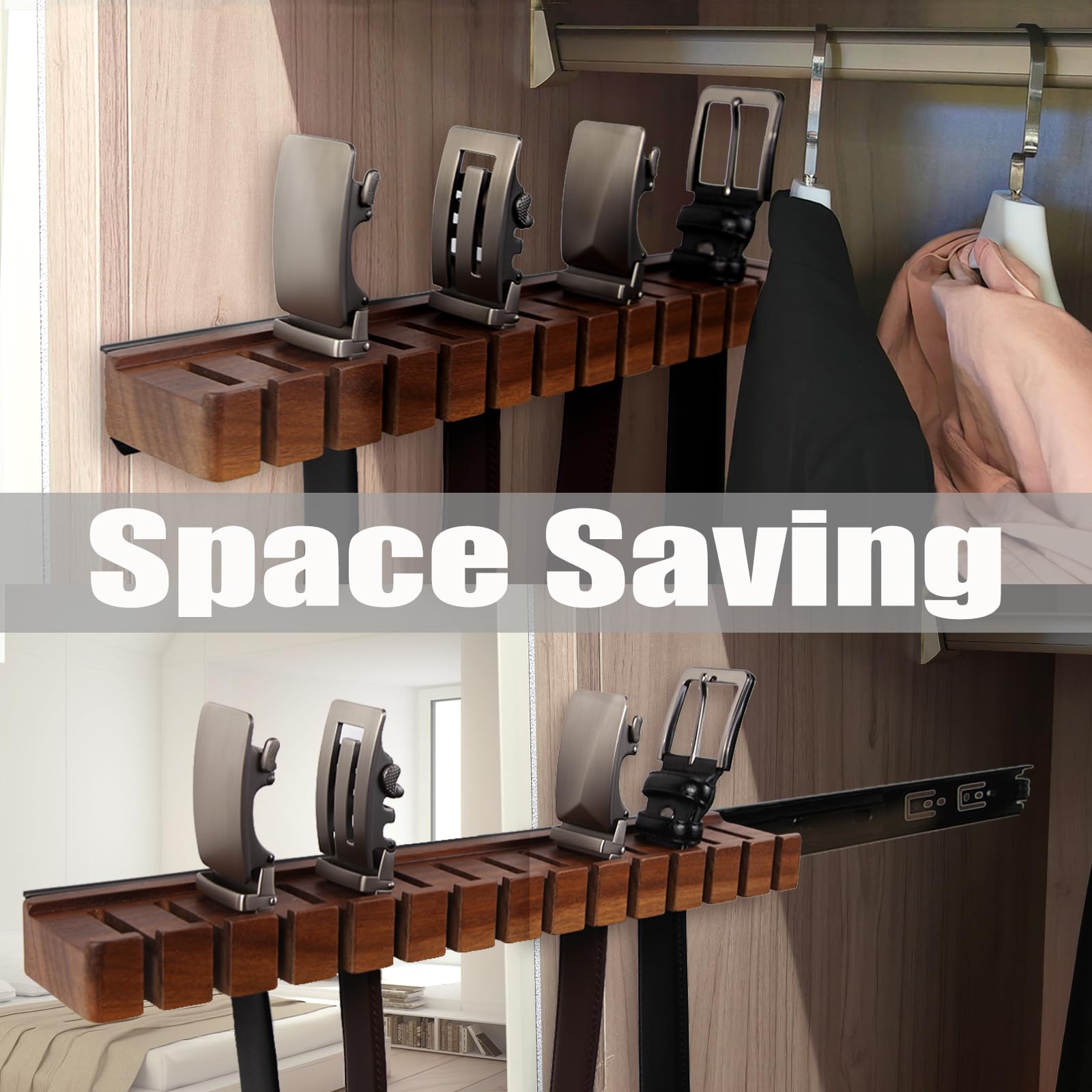 Premium Walnut Wood Belt Hanger with Slider, Belt Closet Organizer and Storage, Belt Hanger for Closet, Space Saving Hangers for Belt and Tie, Wooden Belt Holder, Tie Rack Tie Hanger for Men