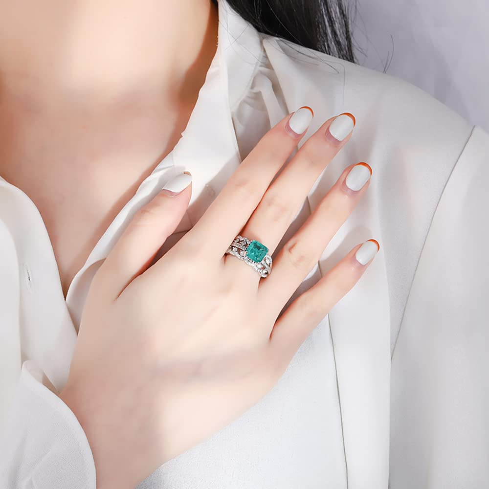 Women's Wedding Engagement Ring Jewelry S925 Silver Ring Artificial Green Emerald Closed Ring Main Stone 8 * 8 with Gift Box (S925 Silver 8)