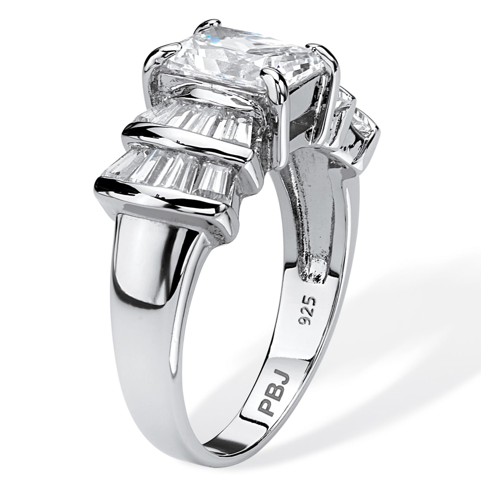 PalmBeach Yellow Gold-Plated or Platinum-Plated Sterling Silver Emerald Cut & Baguette Cubic Zirconia Step Cut Engagement Ring Size 6
