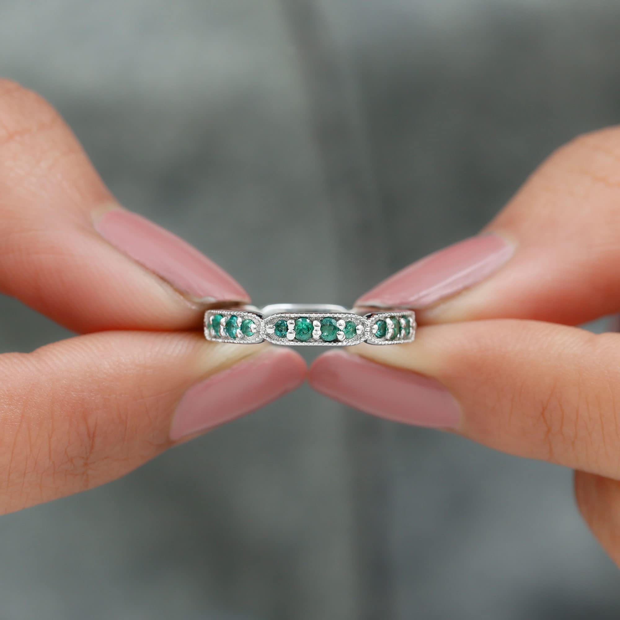 Real Emerald Eternity Milgrain Wedding Anniversary Band Ring for Women, 1.25 cttw, May Birthstone, 14K White Gold, Size:US 5.00
