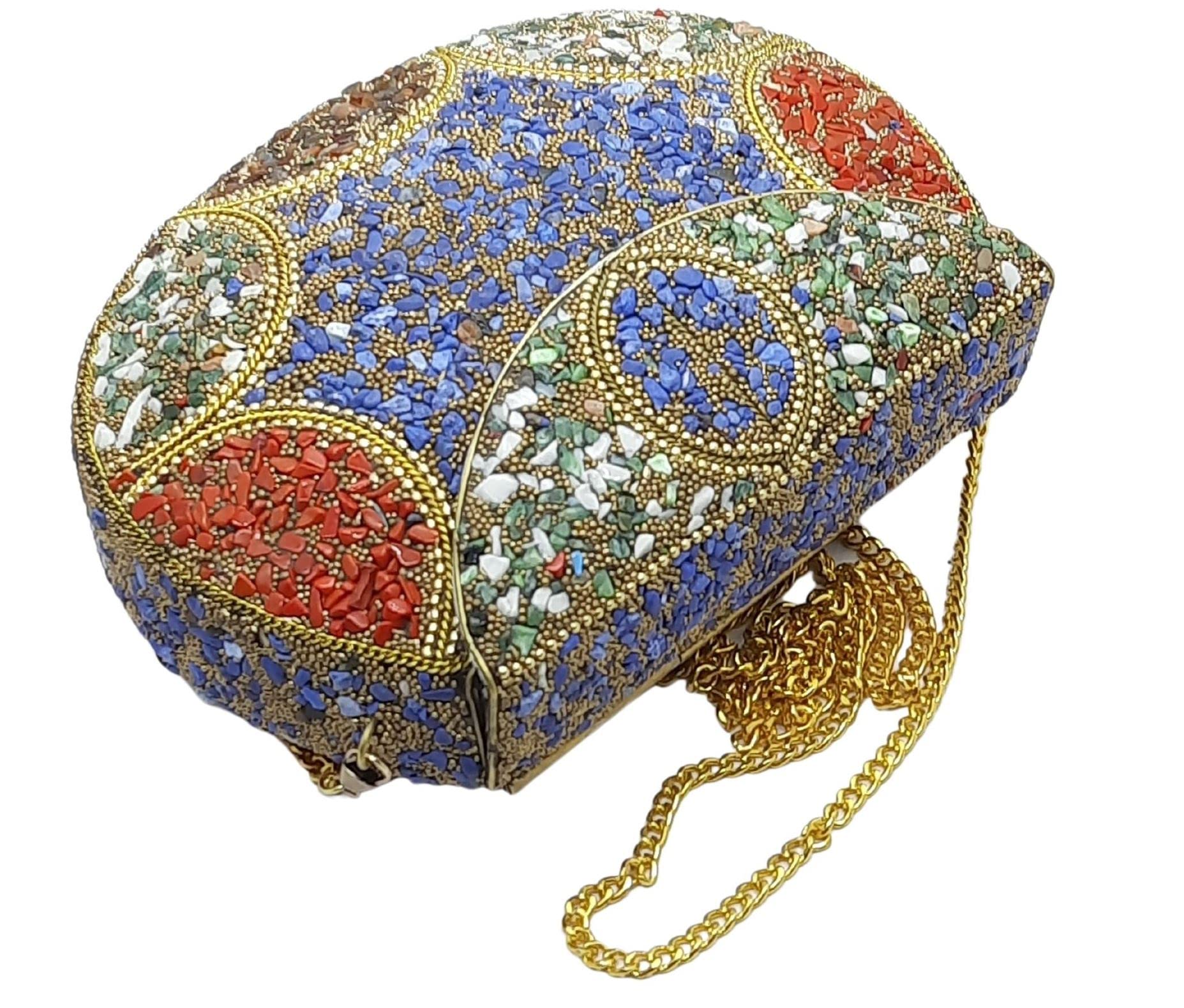 Trend Overseas Multi color Cut Stone Antique Ethnic mosaic party clutch, Multicolour, M