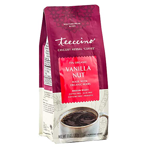 Teeccino Vanilla Nut Chicory Coffee Alternative - Ground Herbal Coffee Thatâs Prebiotic, Caffeine Free & Acid Free, Medium Roast, 11 Ounce