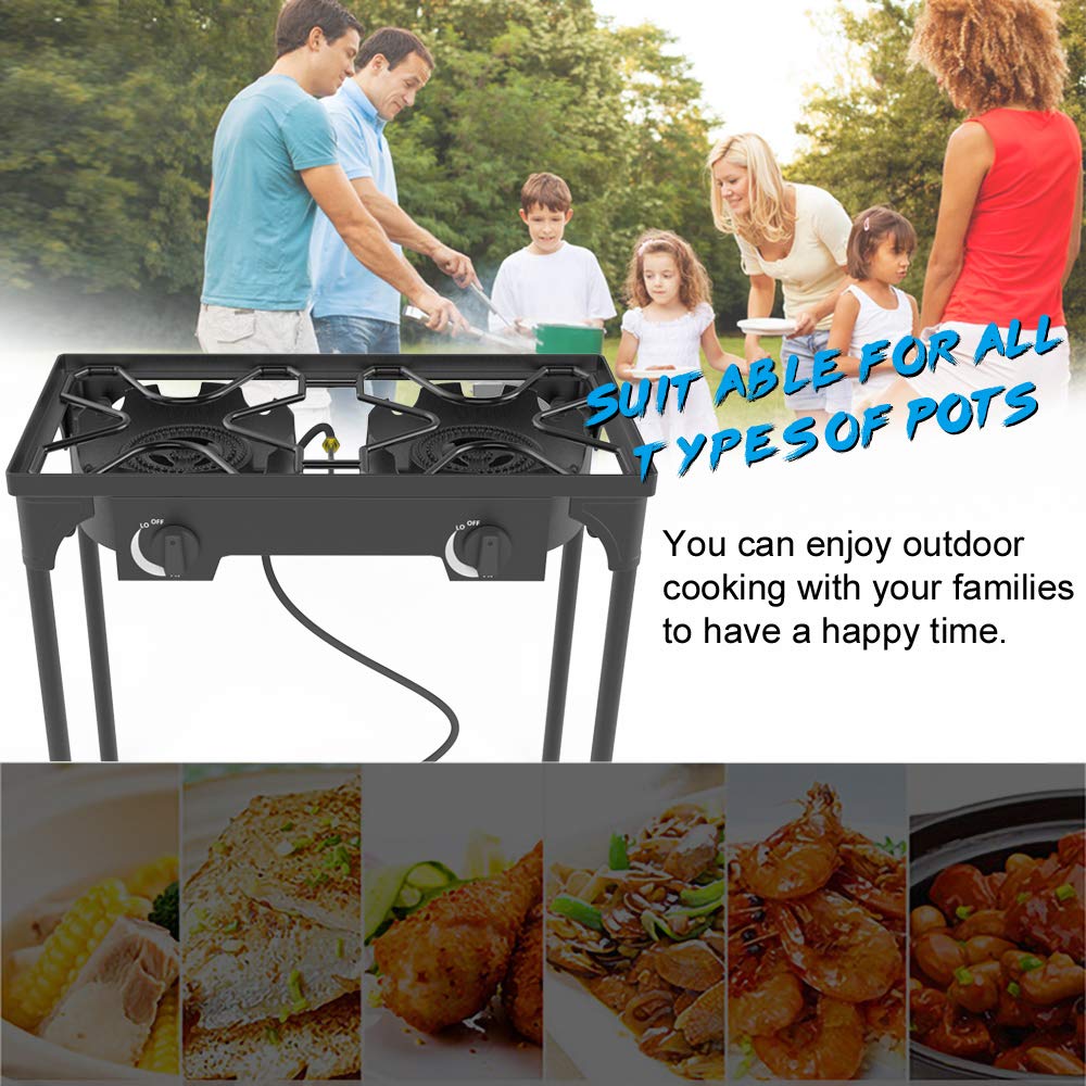 Outdoor & Indoor Portable Propane Stove, Single & Double Burners with Gas Premium Hose, Detachable Legs for Backyard Kitchen, Camping Grill, Hiking Cooking, Outdoor Recreation (DB02-Large,2 Burners)