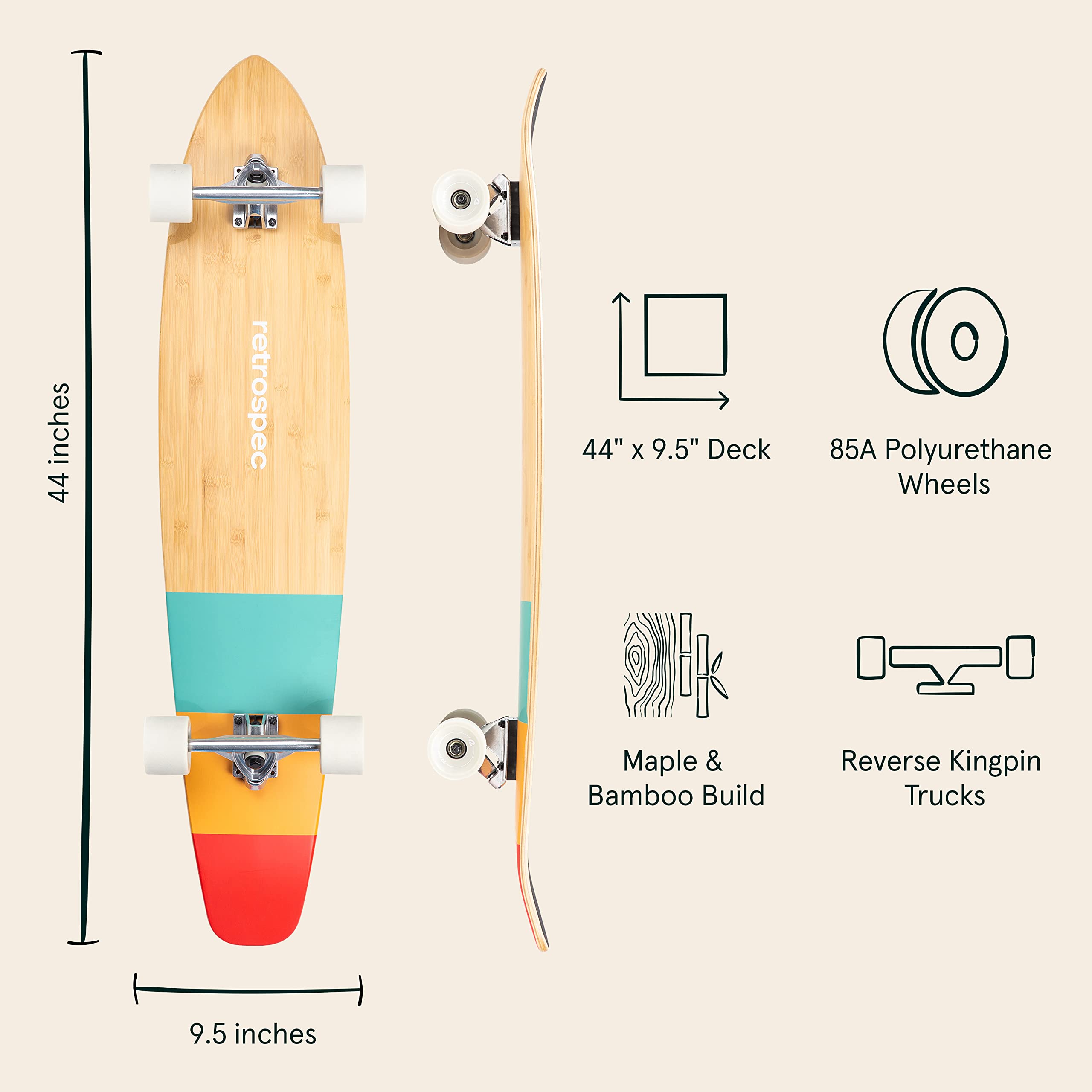 Retrospec Zed Bamboo Longboard Skateboard Complete Cruiser, Aqua Fishtail