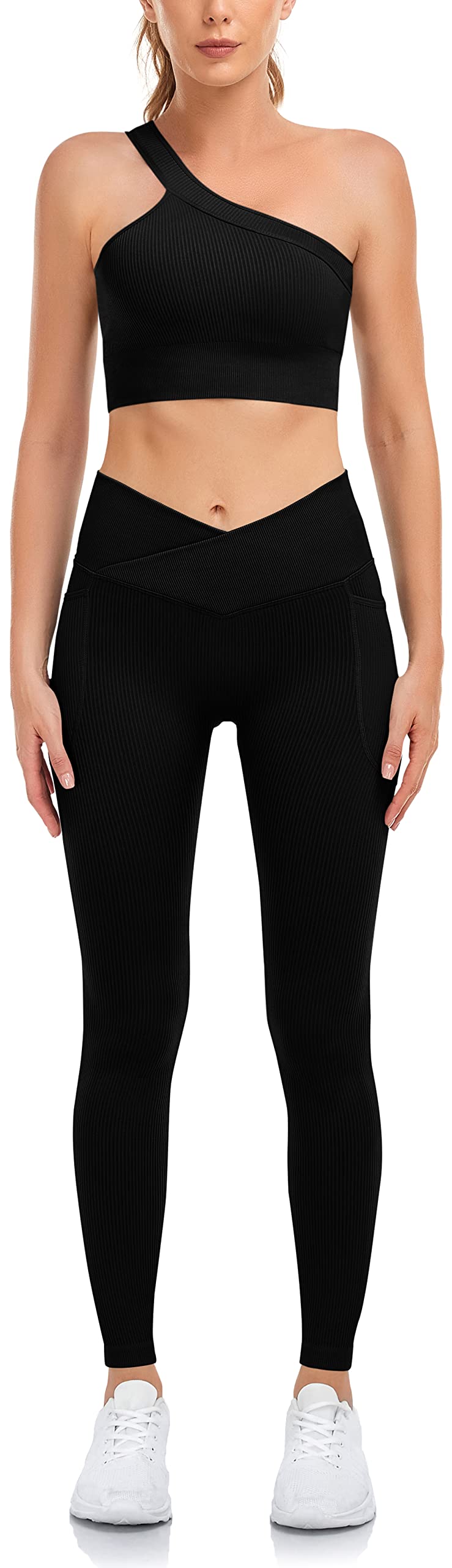 Women's Yoga Workout 2 Piece Seamless Sets with Ribbed Design, High Neck or One Shoulder Strap Top