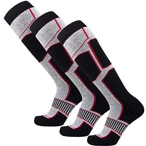 Pure Athlete Snowboard Socks - Comfortable Warm Skiing Snowboarding Sock for Men and Women (Black-White-Red - 3 Pack, Medium)