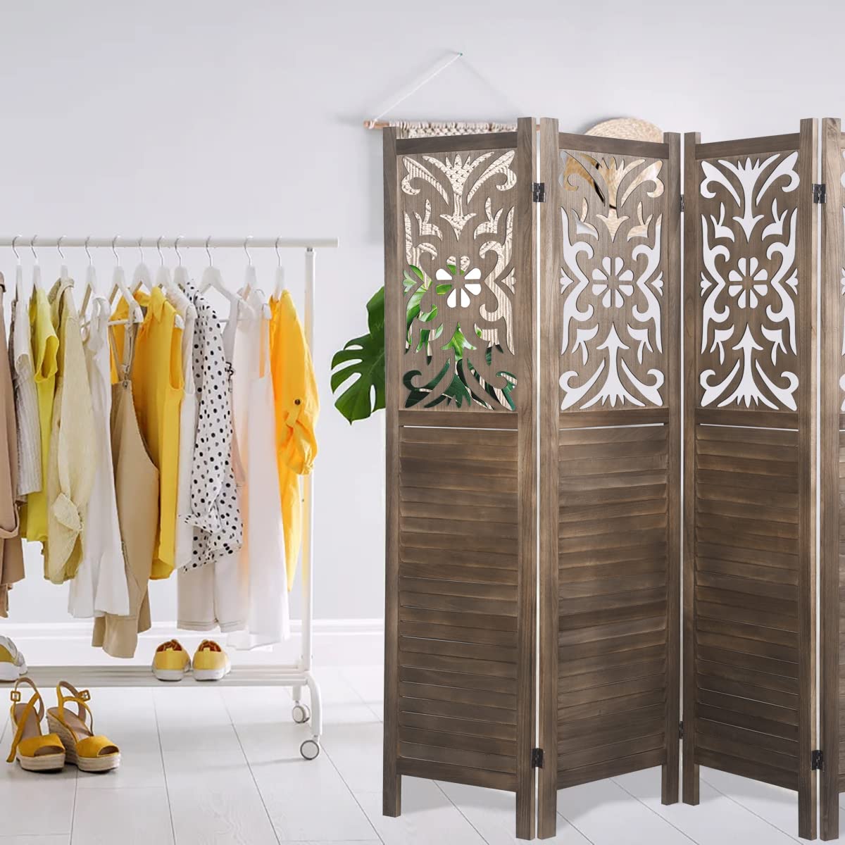 Rose Home Fashion RHF 5.6 ft. Tal Room Divider,Double Hinged, Folding Panel Screen, Floral Cut-Out Room Dividers and Folding Privacy Screens, Freestanding (6 Panel,Brown)
