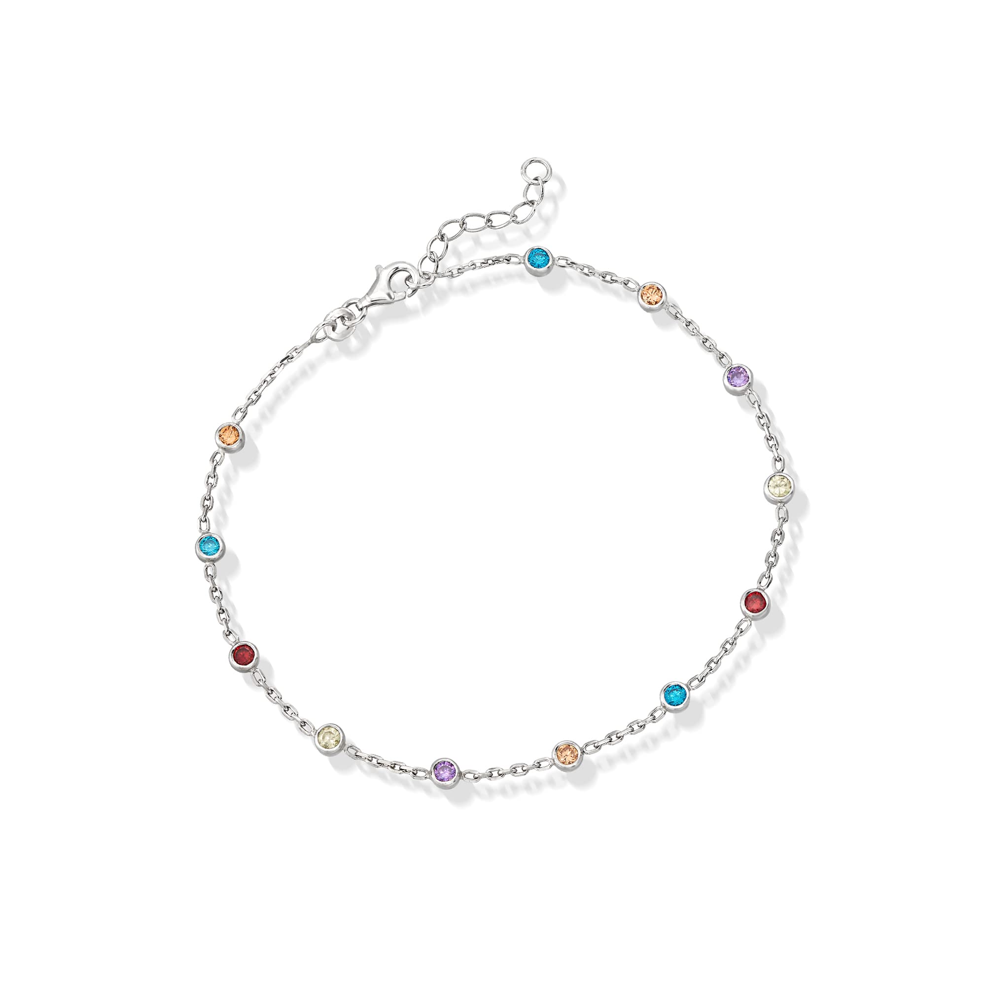 Ross-Simons 1.20 ct. t.w. Multicolored CZ Station Anklet in Sterling Silver. 9 inches