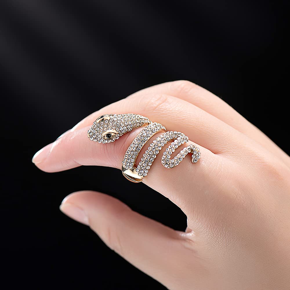 Snake Design Full Rhinestone Gold Plated Free Size Stretch Rings for Women Personalized Ring (Gold Plated)