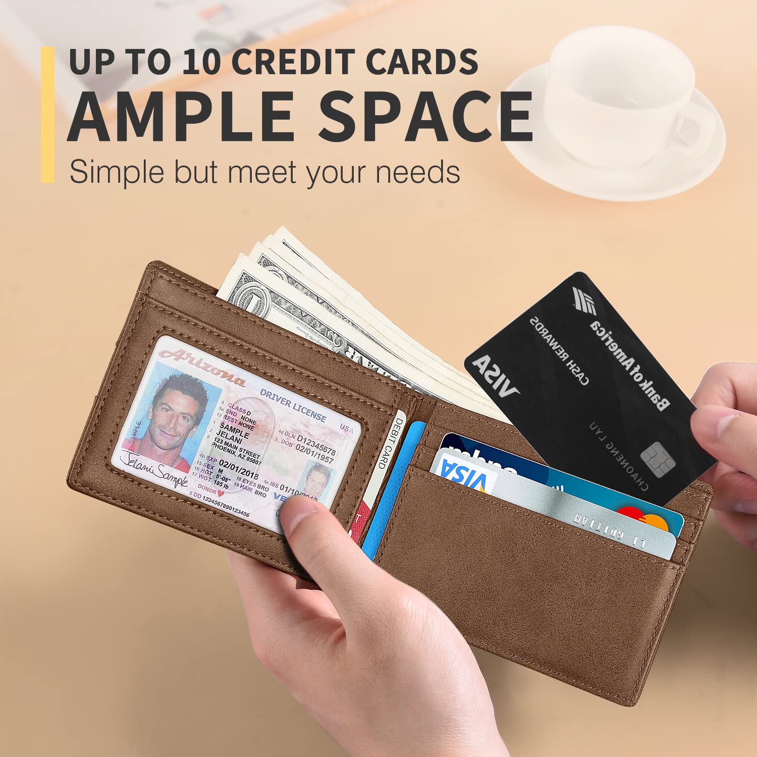 RUNBOX Wallet for Men Slim 8 Credit Card Holder Slots Leather RFID Blocking Small Thin Men's Wallet Bifold Minimalist Front Pocket Large Capacity Gift Box Coffee