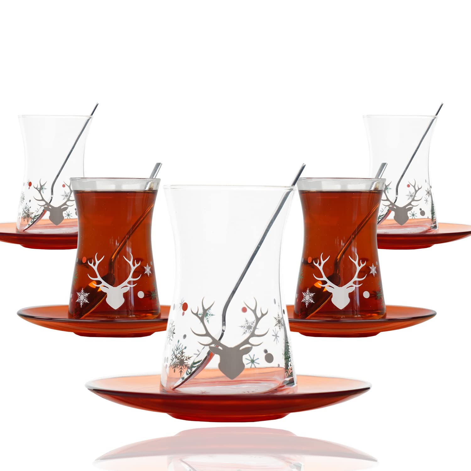 Turkish Tea Set, Turkish Tea Cups, Saucers and Tea Spoons, 6 Glasses, 6 Saucers and 6 Stainless Steel Spoons (18 Pieces), Set For 6 (Christmas)