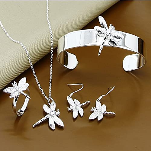Style 925 Sterling Silver AAA Zircon Dragonfly Necklace Earrings Ring Bracelet Set For Female Engagement Party Wedding Fashi