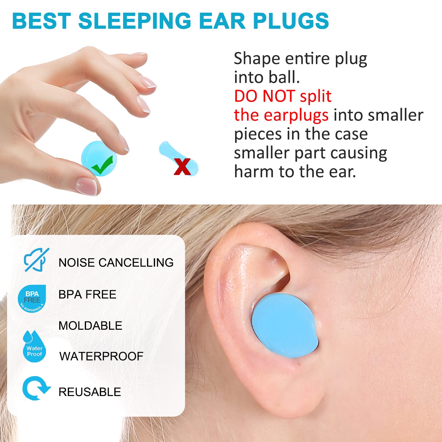 Reusable Silicone Ear Plugs, Waterproof Noise Cancelling EarPlugs for Sleeping, Mowing, Swimming, Airplanes, Concerts