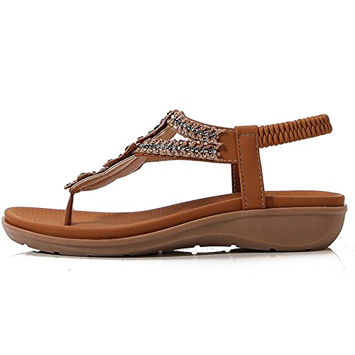 Women’s Retro Studded Wedge Sandals, Spring Summer Solid Color Elastic Band Non-Slip Flip Flops (Brown, 7.5)