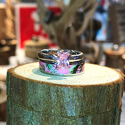 Pink Women`s Stanless Steel Camo and Sterling Silver Tourmaline Engagement Wedding Rings Set (10)