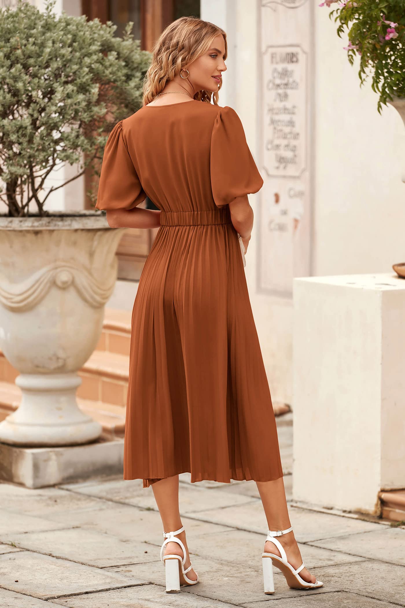 PRETTYGARDEN Women's Summer Pleated Midi Dress Wrap V Neck Puff Sleeve Casual Chiffon A Line Flowy Dresses (Brick Red,Large)