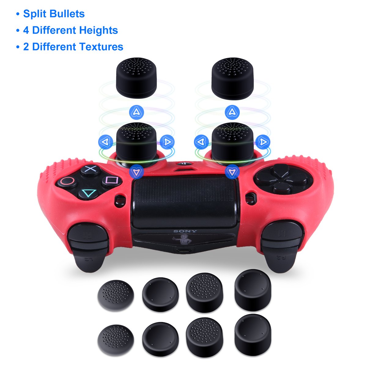 PS4 Controller Covers - PS4 Silicone Skins for DualShock 4 - PS4 Accessories Anti-slip Cover Case for PlayStation 4, Slim, Pro - 2 Pack PS4 Controller Skins - 4 Pairs PS4 Grips - Red & Blue