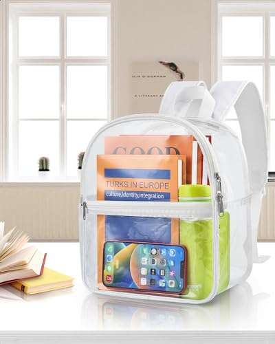 Paxiland Clear Backpack Stadium Approved 12×12×6 with Reinforced and Wider Shoulder Straps, Small Clear Bag for Schools, Concerts, Work, Festivals and Sporting Events - White