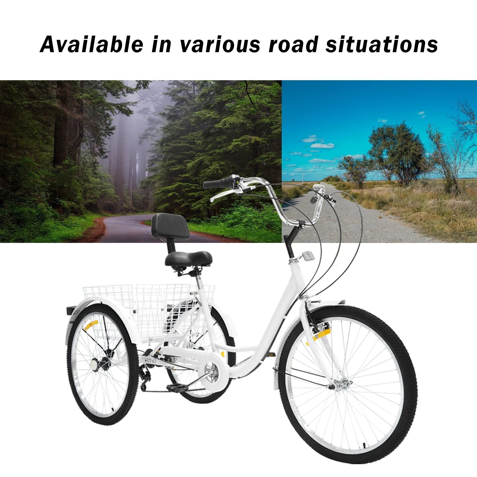 UNIKAT 24Inch Adult Tricycle - 7 Speed Three Wheel Beach Cruise with Low-Step Through Frame Large Cargo Basket Backrest Saddle - Complete Cruiser Bikes for Men Women Seniors (White)