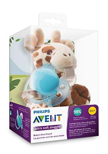 Philips AVENT Ultra Soft Snuggle Pacifier Holder with Detachable Pacifier, 0-6m, Giraffe, SCF348/01