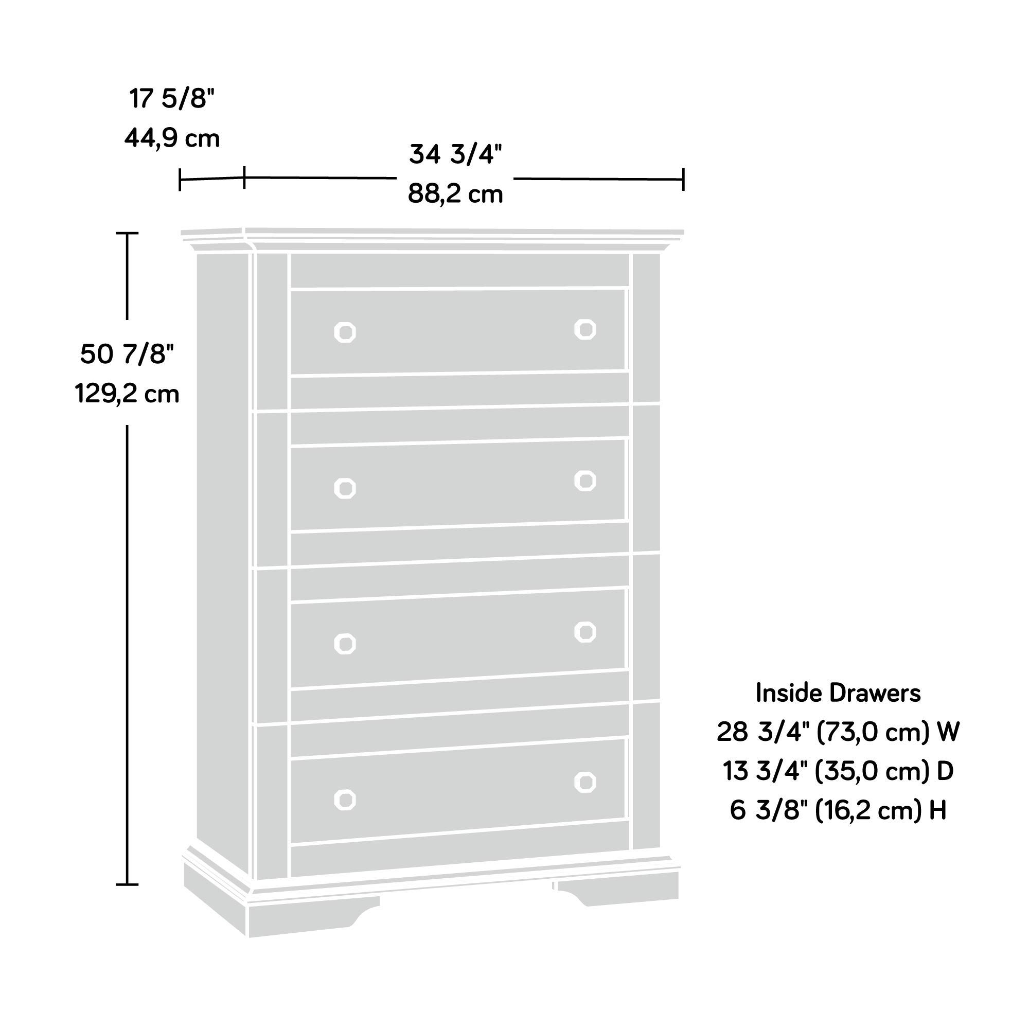 Sauder New Grange Dresser, L: 34.72" x W: 17.68" x H: 50.87", Vintage Oak Finish