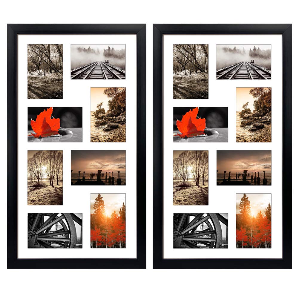 QUTREY 4x6 Black Collage Picture Frames Set of 2, 8 Openings Matted Collage Frame for 4x6 Pictures to Display 16 Multi Photos for Wall